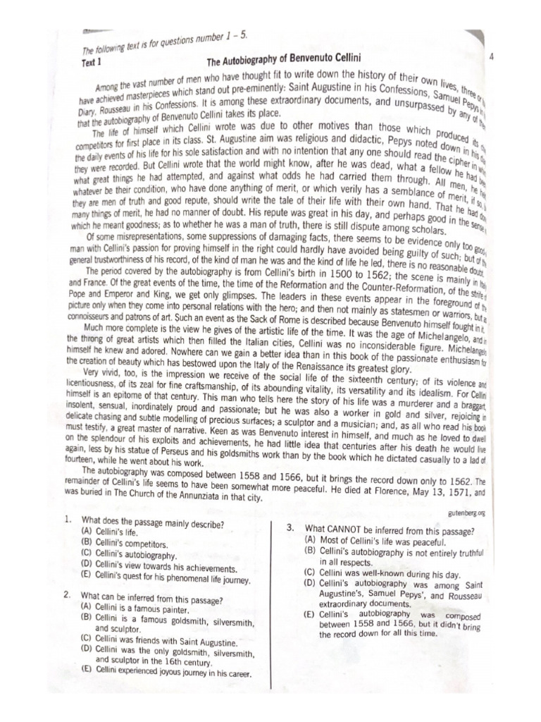 The Following Text Is For Questions Number 1 - 5. | PDF