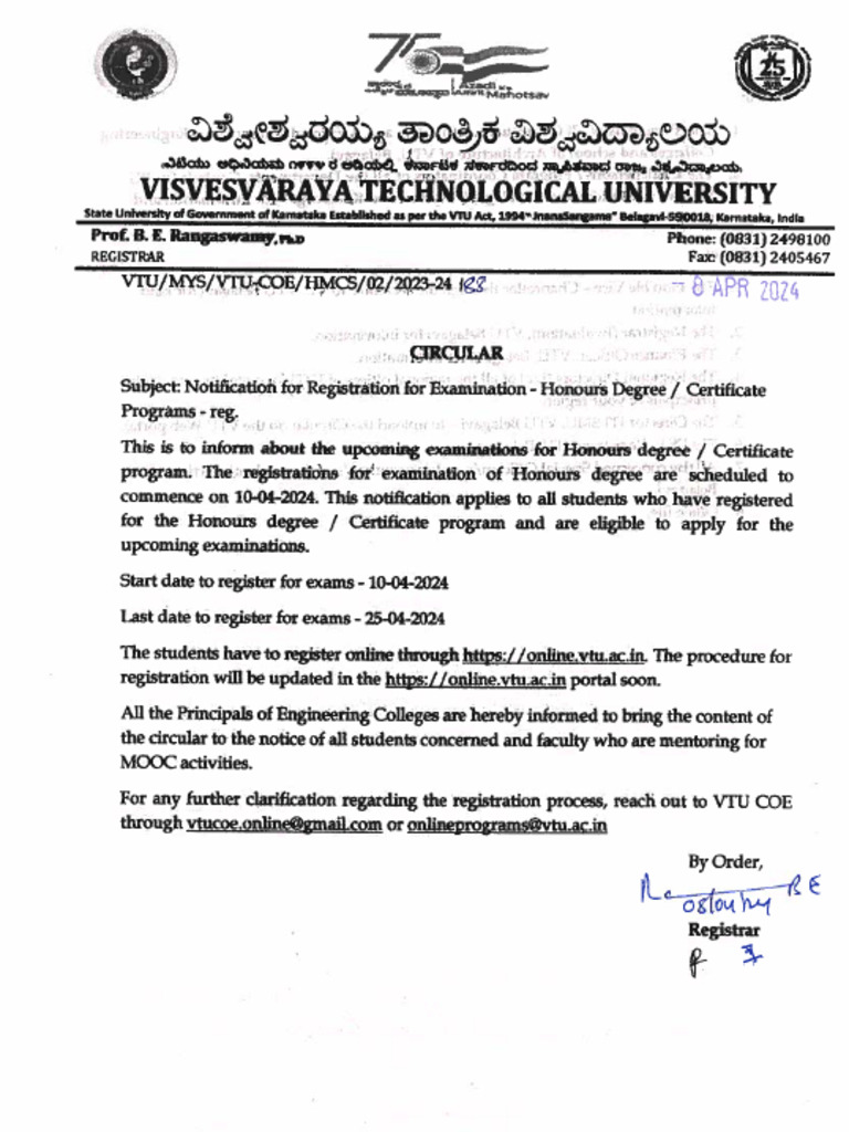 Circular COE Notification For Registration For Examination Honours ...
