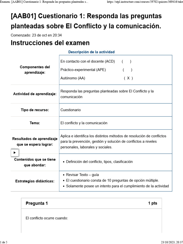 Examen (AAB01) Cuestionario 1 Responda Las Preguntas Planteadas Sobre ...