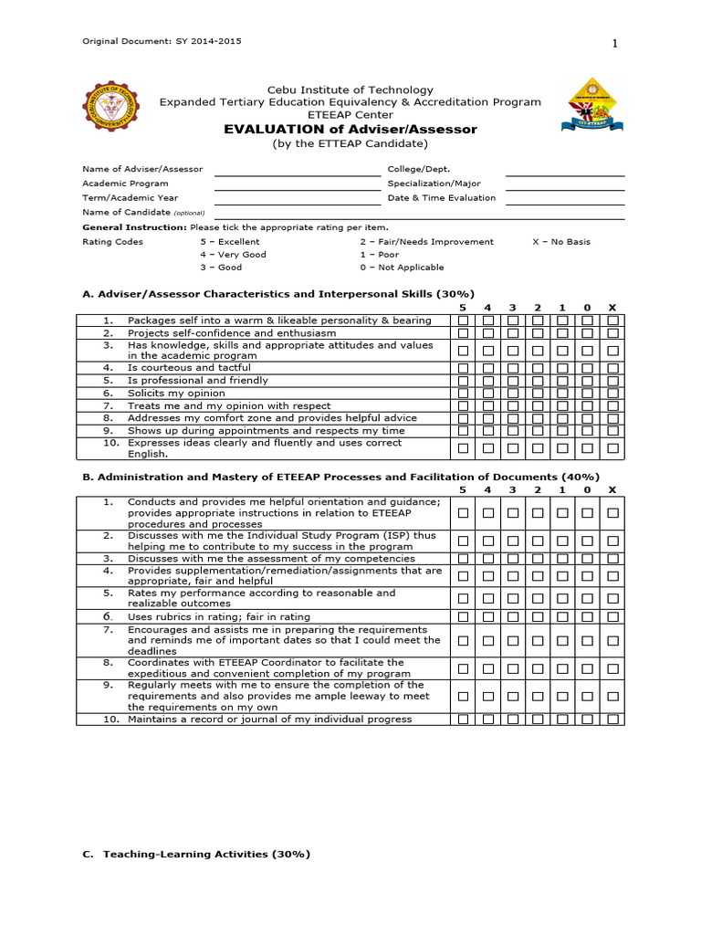 Adviser Assessor Evaluation by ETEEAP Candidate | PDF | Evaluation | Social Psychology