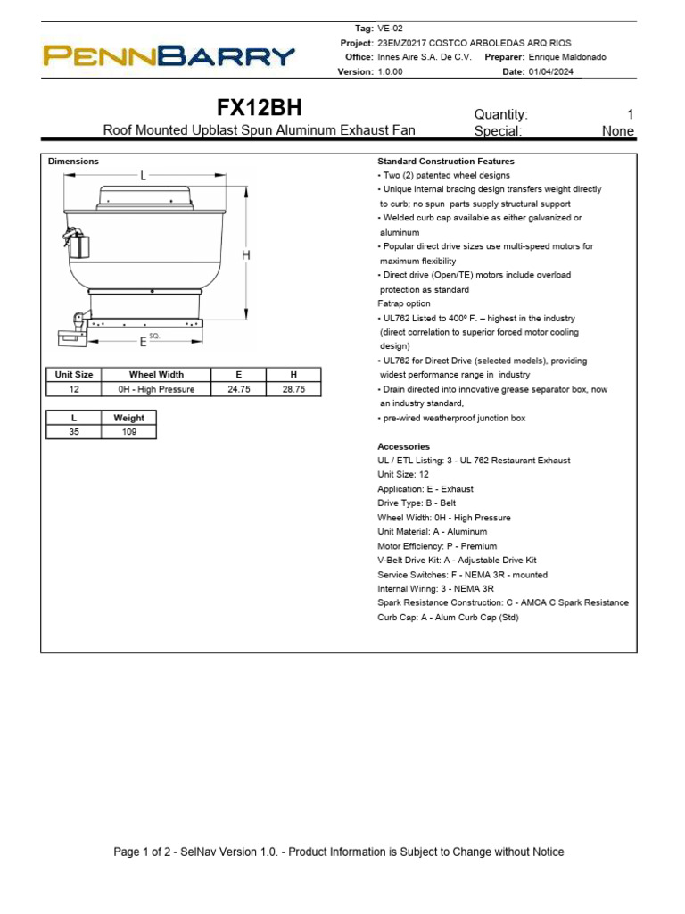 PennBarry ZT Exhaust Fan Specs for Costco | PDF | Decibel | Belt ...