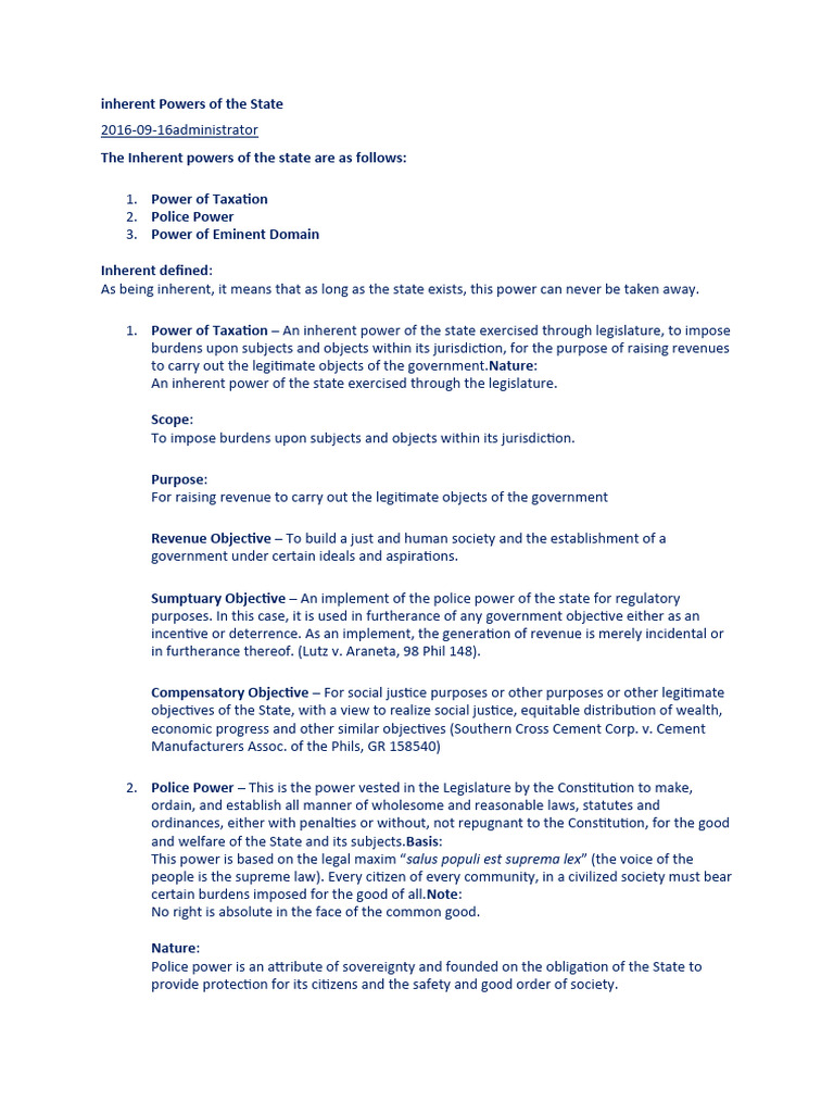Inherent Powers of the State Explained | PDF | Eminent Domain | Police ...