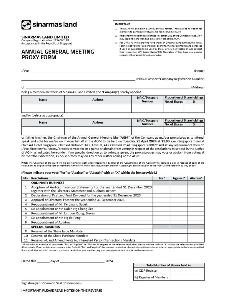 Annual General Meeting 2024 Proxy Form | PDF | Proxy Voting | Business