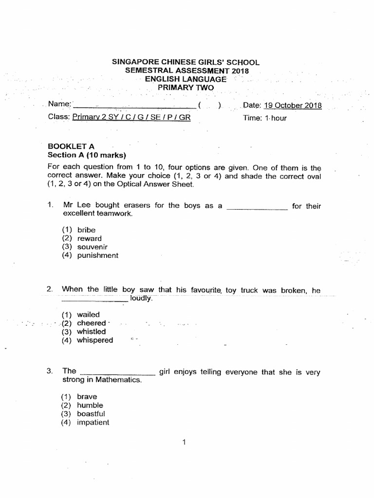 P2 English SA2 2018 SCGS Exam Papers | PDF