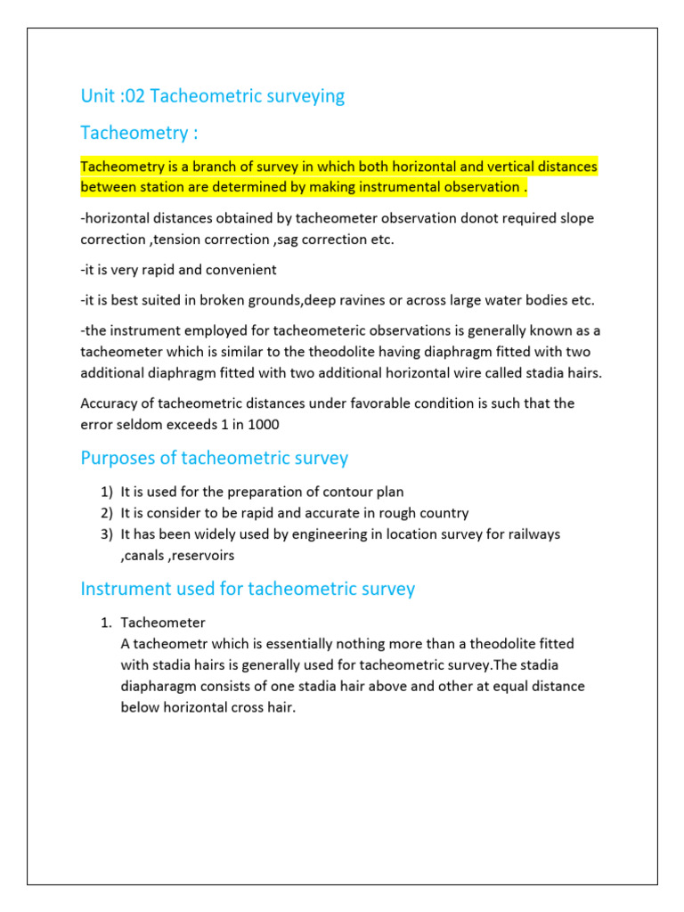 Unit 02 Tacheometry Surveying | PDF | Surveying | Metrology