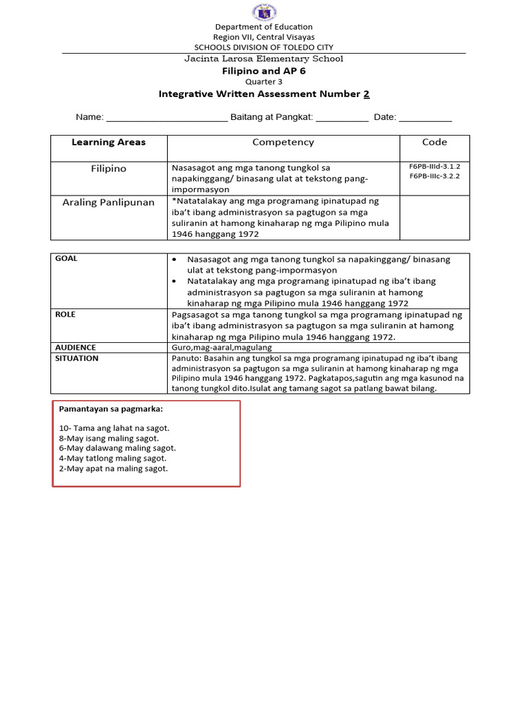 NO.2 Integrative Written Assessment in Fil.6AP6 1 | PDF