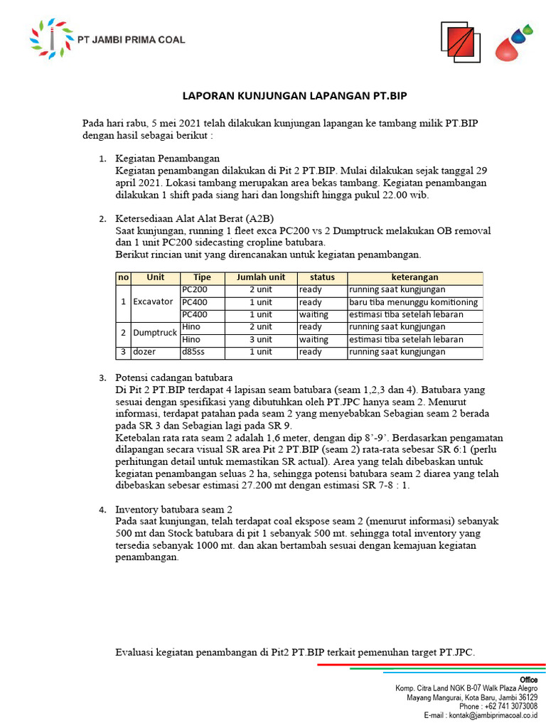 Laporan Kunjungan Lapangan PT - Bip 5 Mei 2021 | PDF