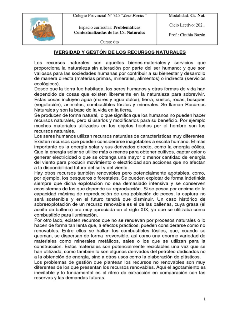 Tipos y Gestión de Recursos Naturales | PDF | Energía renovable ...
