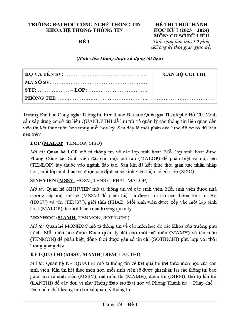 (IT004.O117 - Đề 1) Đề thi thực hành CSDL | PDF