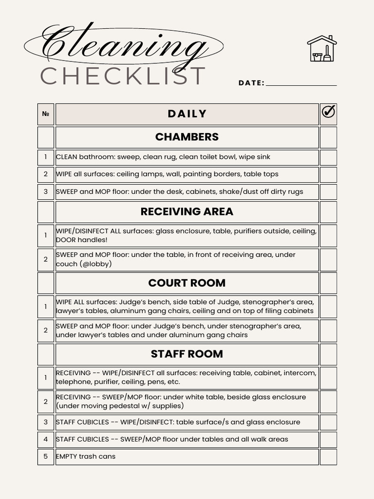 Daily Cleaning Checklist for Offices | PDF | Vacuum Cleaner | Bathroom