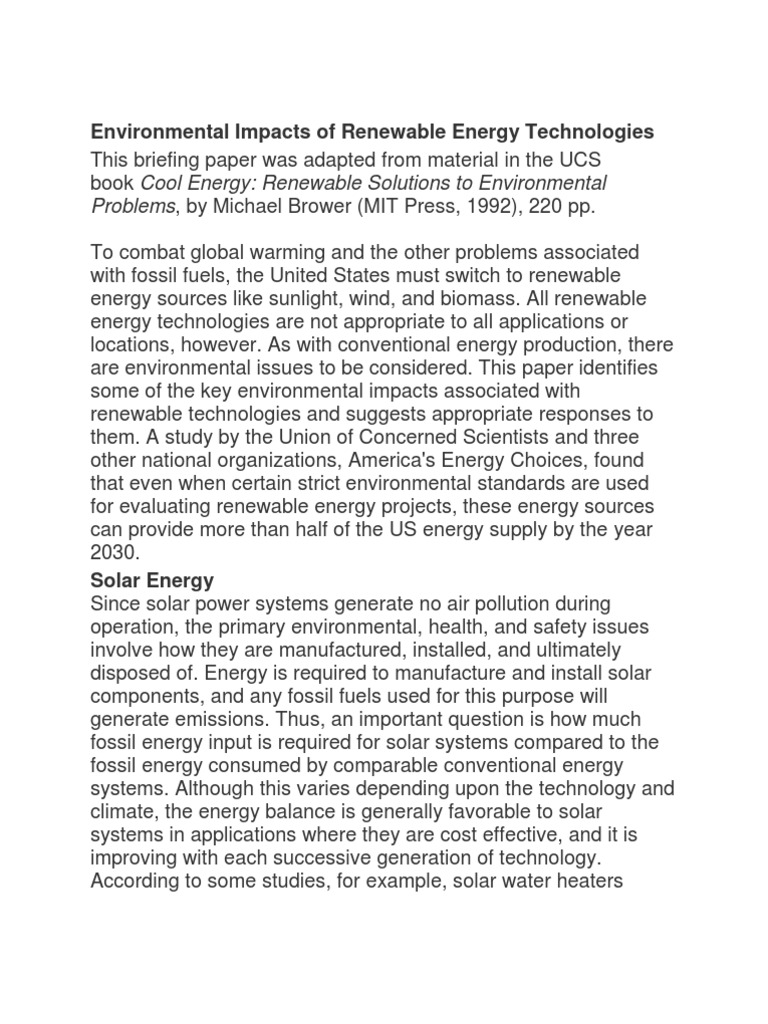 Environmental Impacts of Renewable Energy Technologies | PDF ...