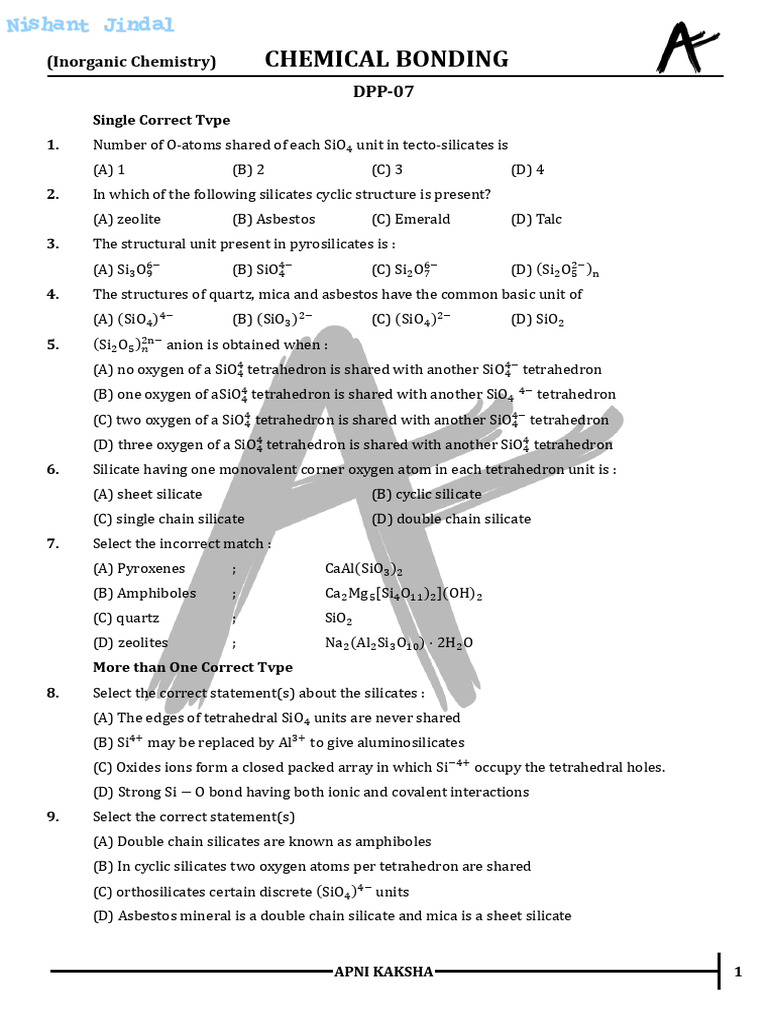 DPP - 07 - Chemical Bonding NJ - 247 | PDF | Silicate | Chemistry