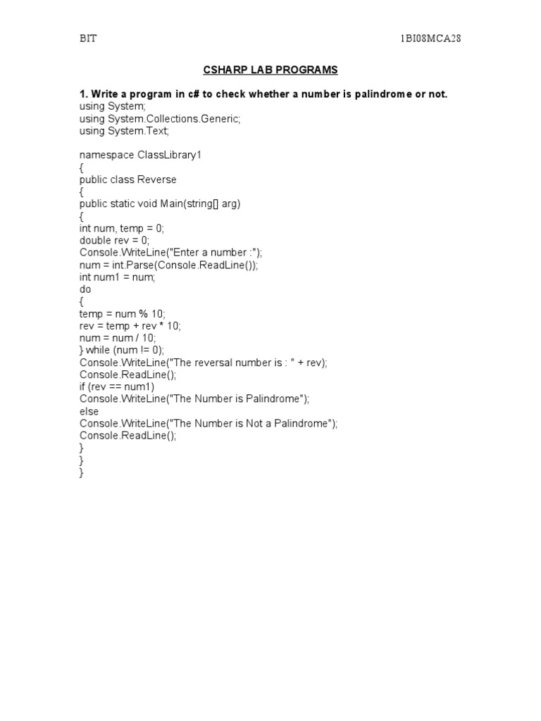 Csharp Lab Programs 1. Write A Program in C# To Check Whether A Number Is Palindrome or Not ...
