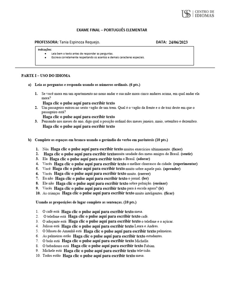 Exame Final de Português Elementar | PDF | Linguística | Idiomas