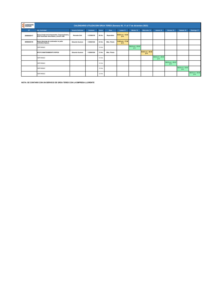 Programa Diario Mec-Eléc-Moncon Planta Semana 50 - 2023 - Rev Final | PDF