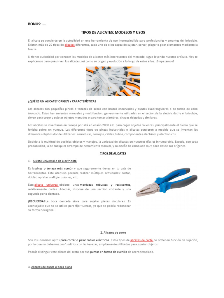 Tipos de Alicates y Sus Usos | PDF | Herramientas