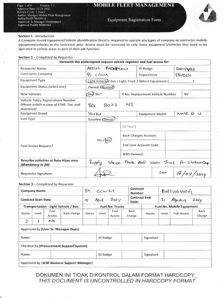 equipment registration form | PDF | Vehicles | Transport