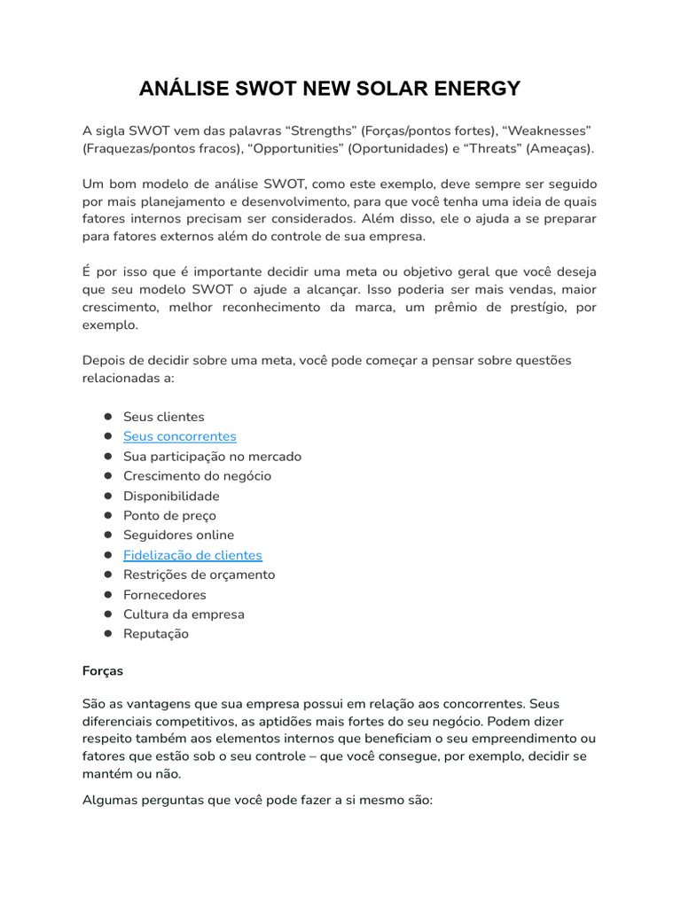 ANÁLISE SWOT NEW SOLAR ENERGY - Hauanna | PDF | Análise SWOT | Economias