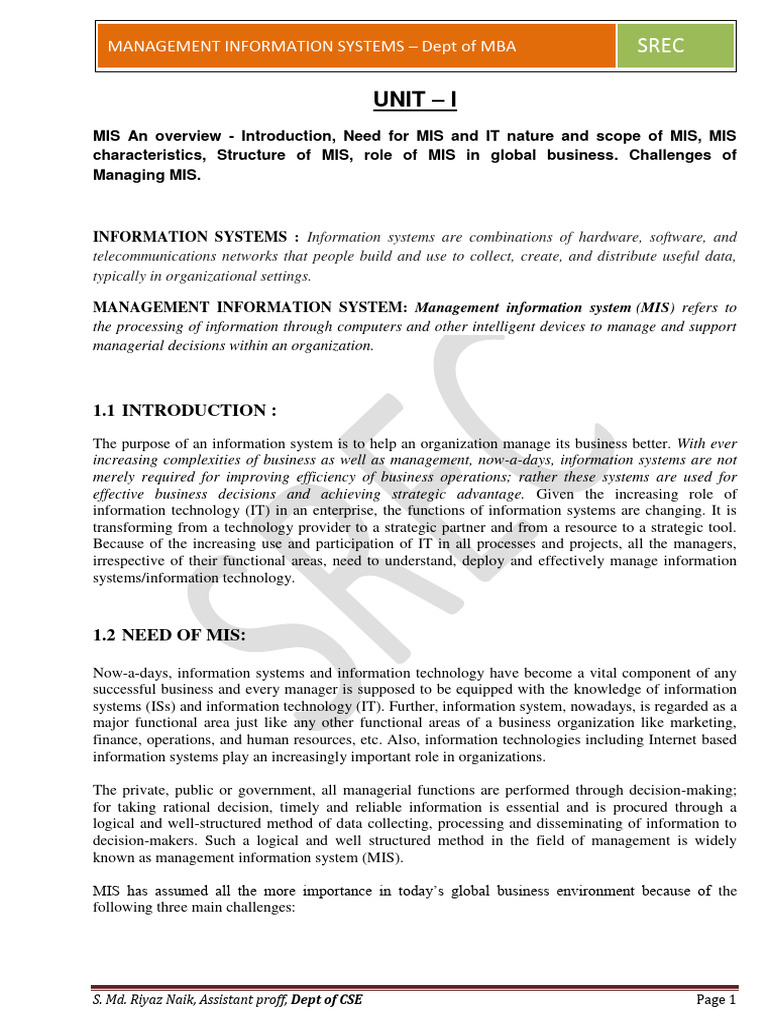 Mis - Unit1 | PDF | Information System | Enterprise Resource Planning