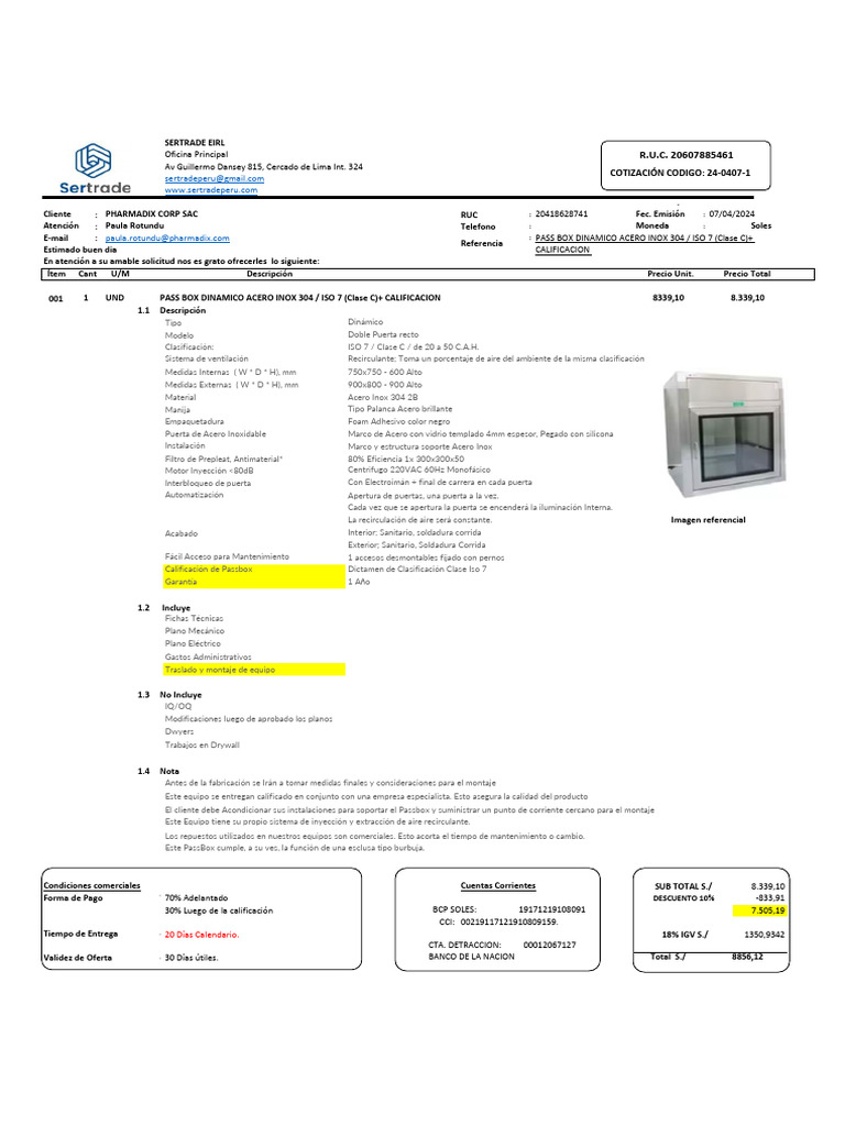 Cot. 24-0407-1 PassBox ISO 7 SS304 | PDF | Coche