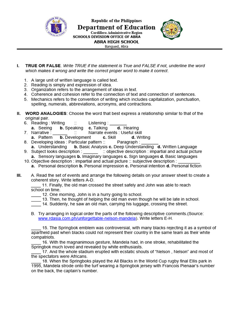 Reading and Writing Exam Third Quarter | PDF | South Africa National ...