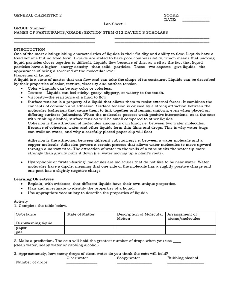 Lab Sheet 1 | PDF | Liquids | Molecules