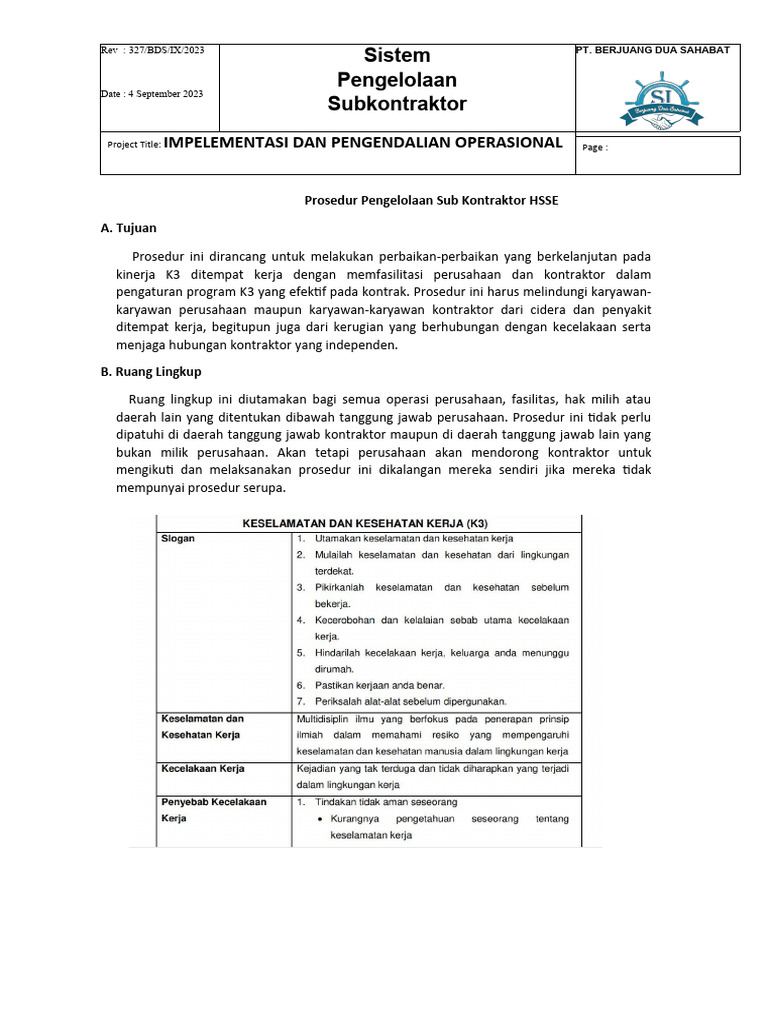 Prosedur K3 Subkontraktor PT BDS | PDF
