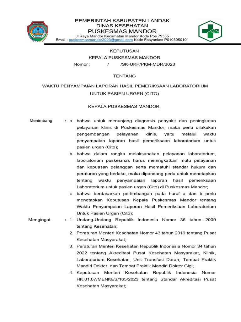 SK Waktu Penyampaian Laporan Hasil Pemeriksaan Laboratorium Cito | PDF