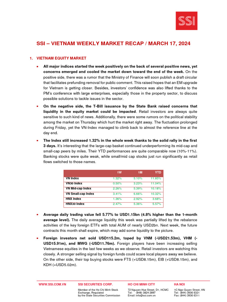 SSI – VIETNAM WEEKLY MARKET RECAP _ MARCH 17, 2024 | PDF | Credit ... SSI – VIETNAM WEEKLY MARKET RECAP _ MARCH 17, 2024 | PDF | Credit ...