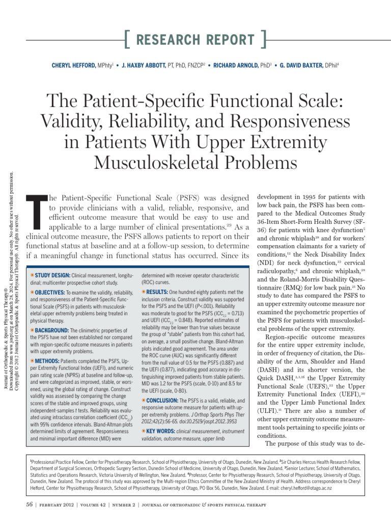 Hefford Et Al 2012 The Patient Specific Functional Scale Validity