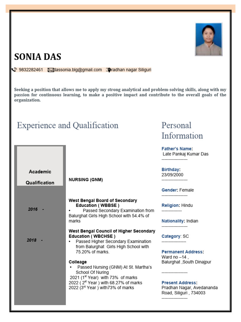 Sonia Das - Resume - Apna | Download Free PDF | Cognition