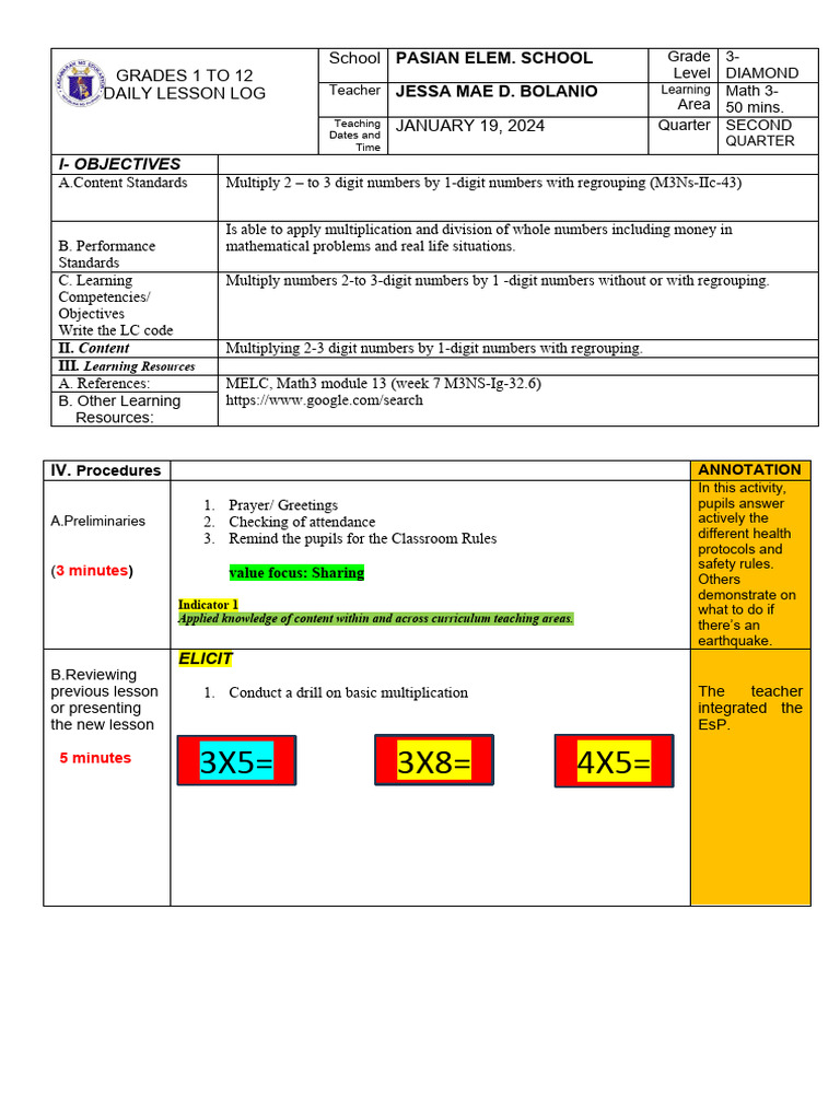 dlp 2nd quarter multiplication COT | PDF | Learning | Teachers