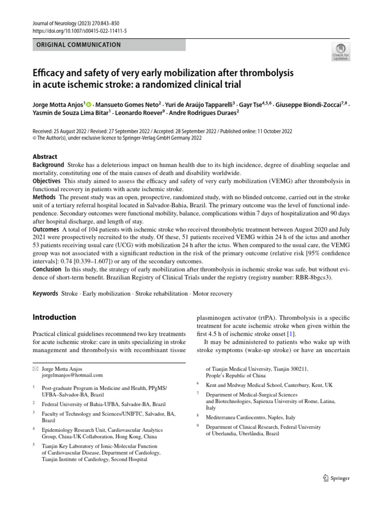 Eficacy and Safety Early Mobilization | PDF | Stroke | Myocardial ...