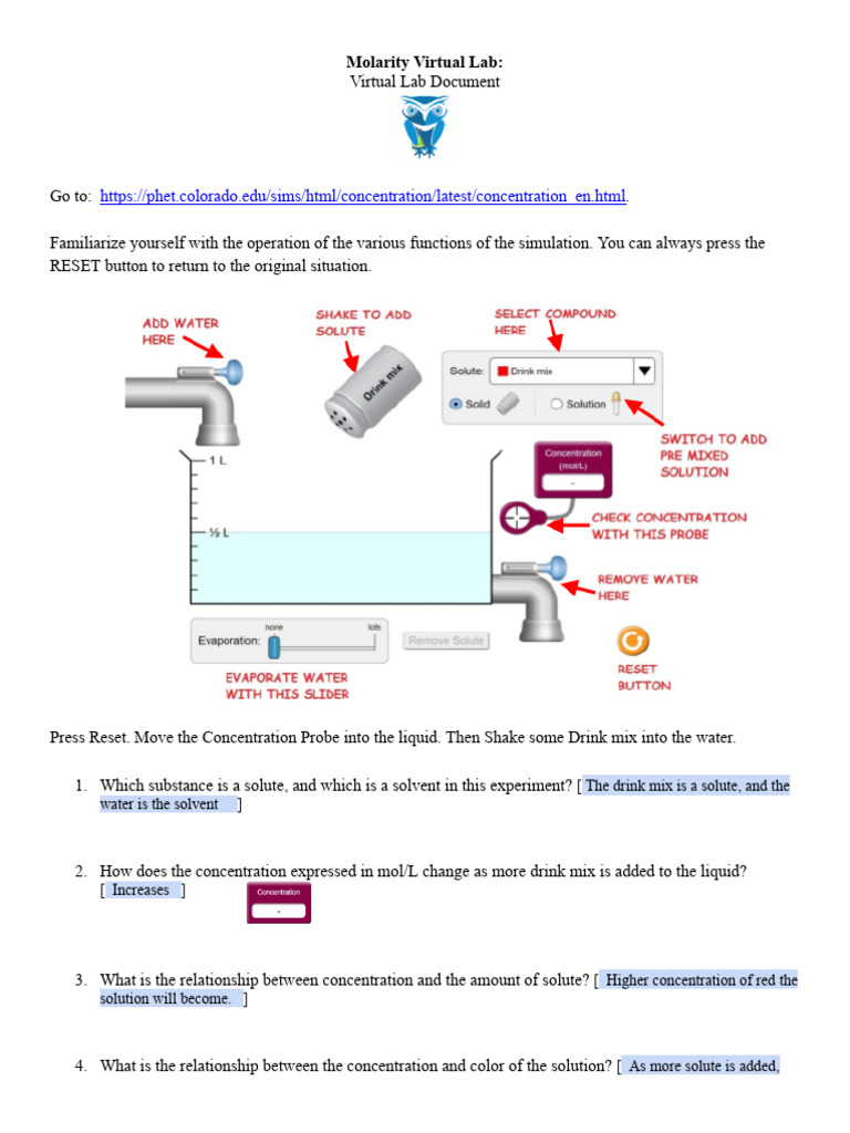 Molarity Virtual Lab Instructions | PDF | Concentration | Molar ...