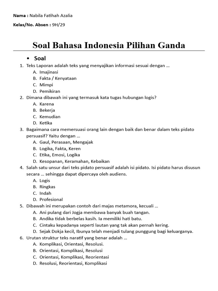 10 Soal Pilgan B. Indo | PDF