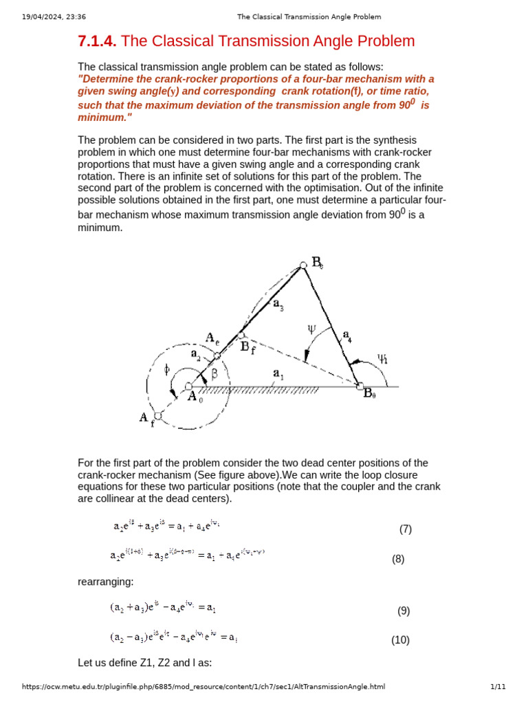 The Classical Transmission Angle Problem | PDF | Kinematics | Equations