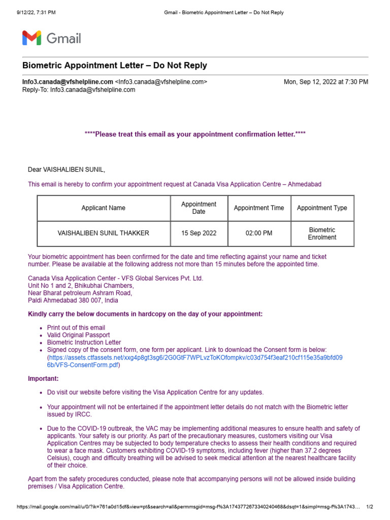 Vaishaliben Sunil Thakker - Biometric Appointment Letter-1 | PDF ...