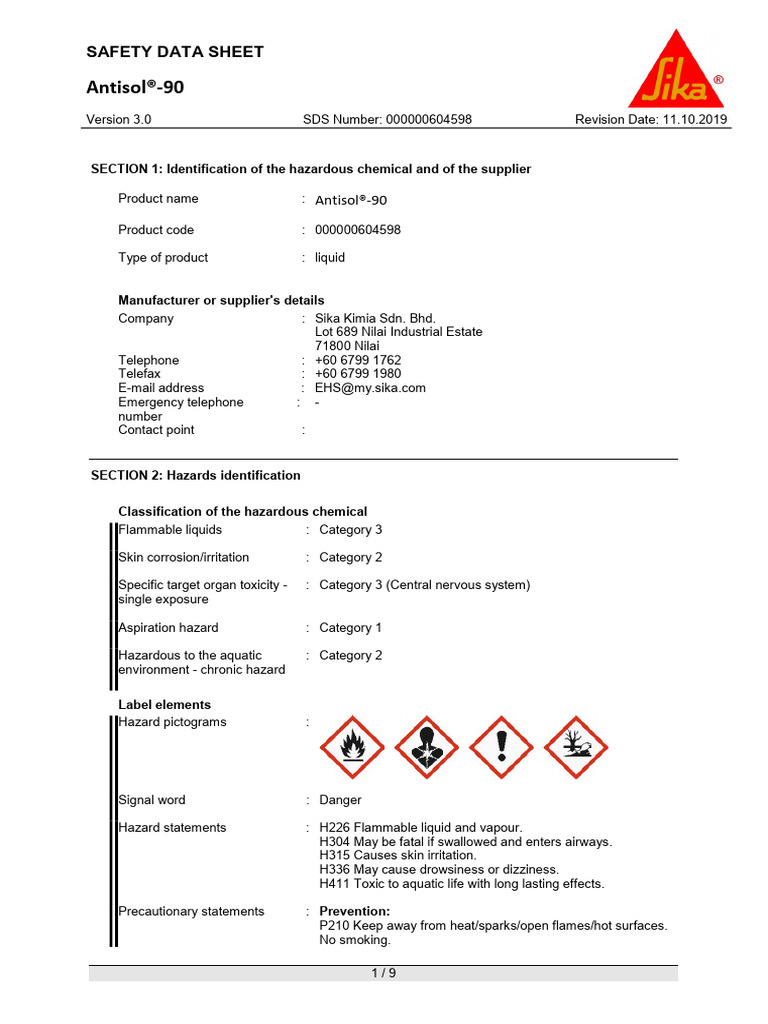 Sika Antisol-90-Safety Data Sheet (En) | PDF | Toxicity | Occupational Safety And Health