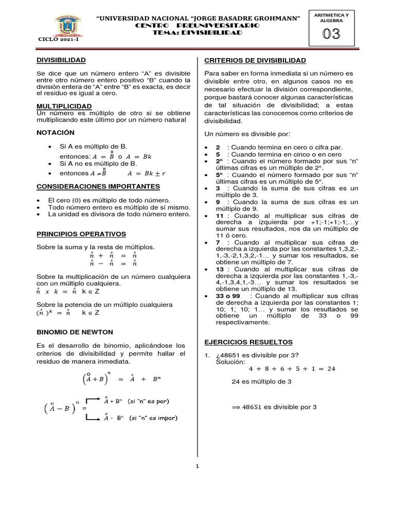 Pract. 03 - Aritmética - Álgebra | PDF | Multiplicación | División (Matemáticas)