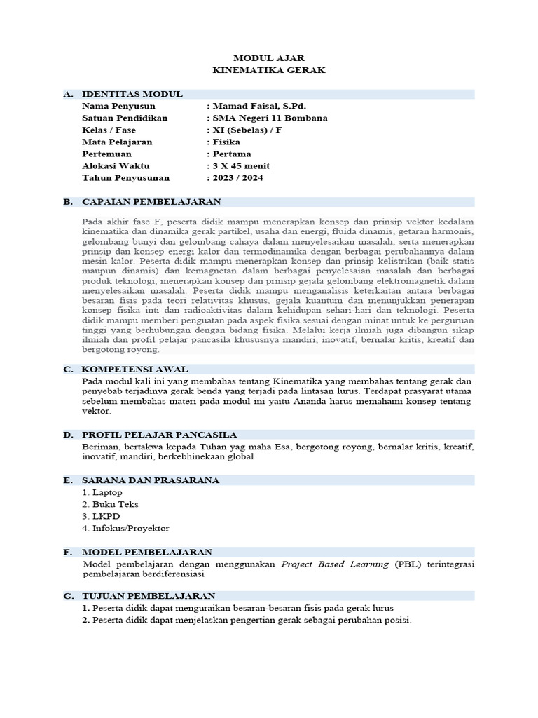 Modul Ajar Fisika Kinematika | PDF Modul Ajar Fisika Kinematika | PDF