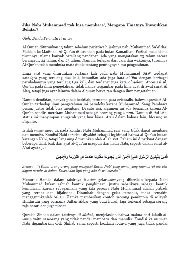 Jika Nabi Muhammad Seorang Ummi, Mengapa Umatnya Diwajibkan Belajar | PDF