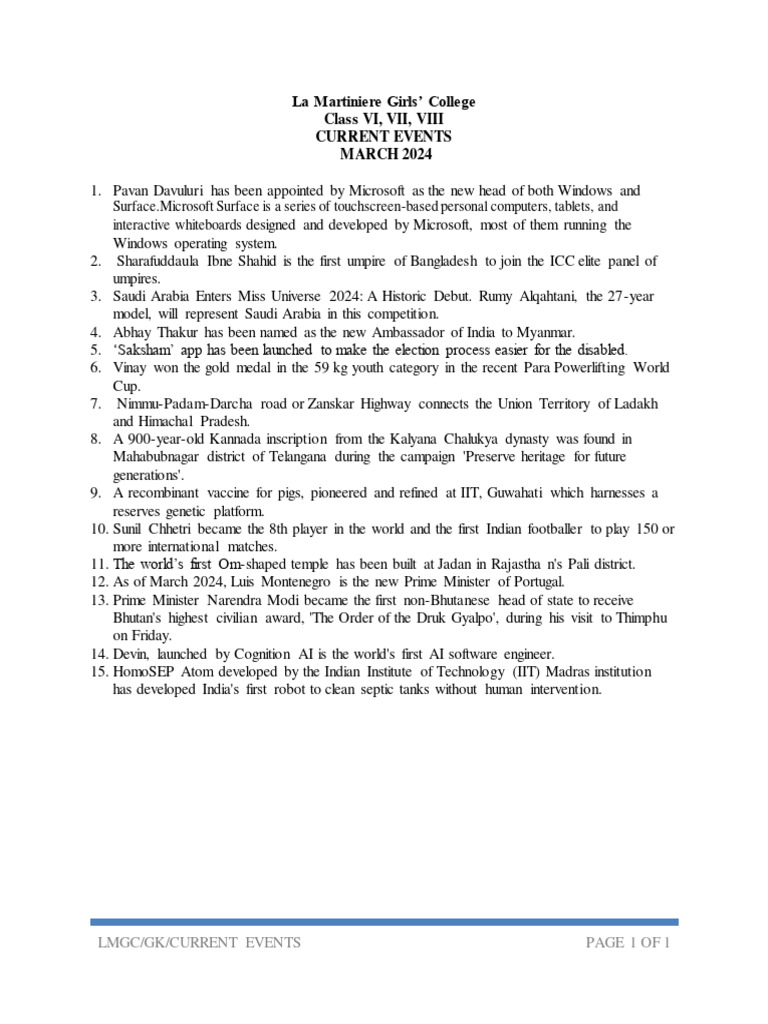 March 2024 Current Events Highlights | PDF