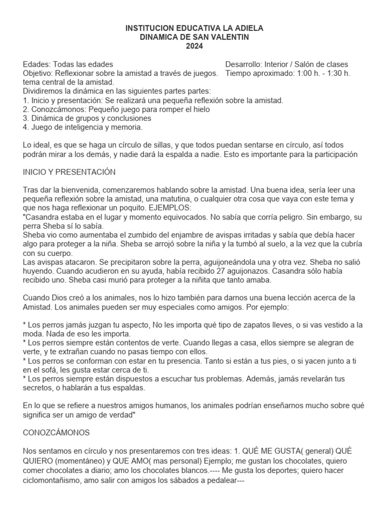 Dinámica de San Valentín: Amistad y Juegos | PDF | Artes del Lenguaje y ...