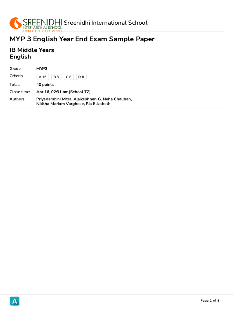 MYP 3 English Exam Sample Paper | PDF | Rhetoric | Speech