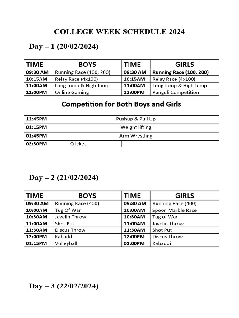 College Week Schedule 2024 | PDF | Games Of Physical Skill | Sports
