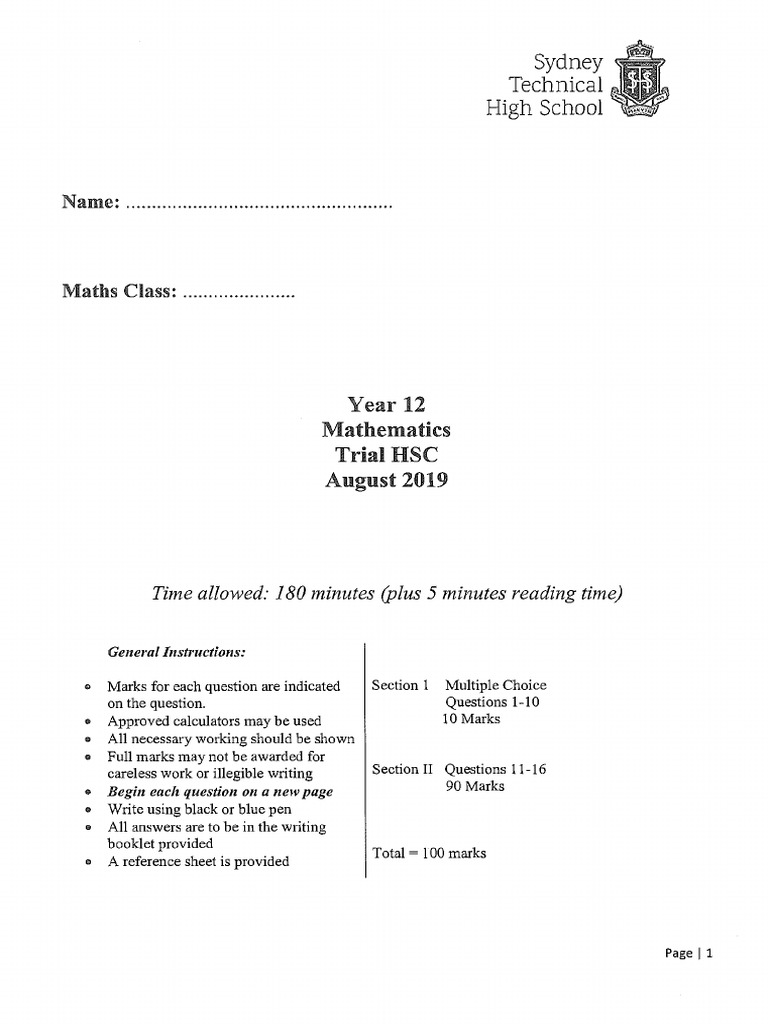 Sydney Tech Year 12 Maths Trial HSC | PDF | Multiple Choice | Triangle
