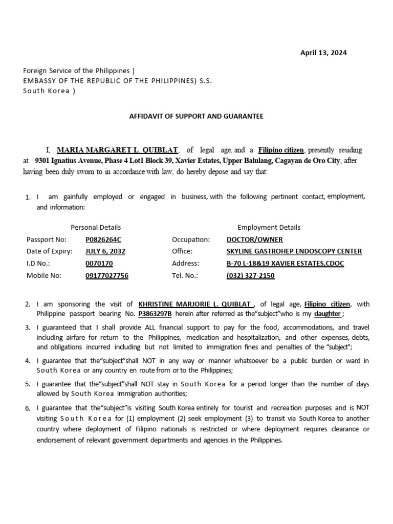 AFFIDAVIT OF SUPPORT AND GUARANTEE SAMPLE - KAYE | PDF | Affidavit | Government And Personhood