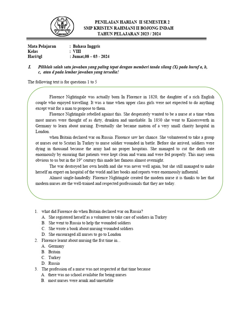 PH1 B Ing KLS 8 2024 | PDF | Nursing | Hospital