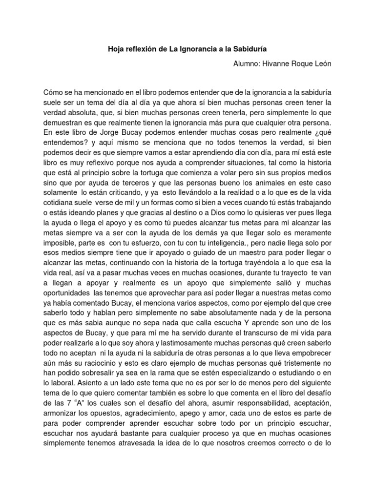 Hoja Reflexión De La Ignorancia A La Sabiduría Pdf Ignorancia