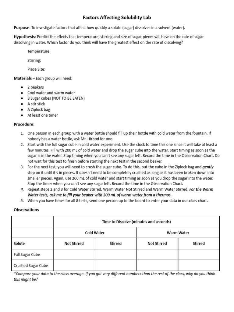 Factors Affecting Solubility Lab | PDF | Water | Solubility